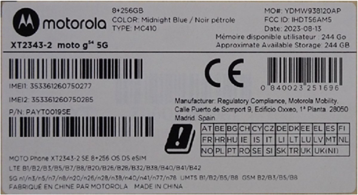 Motorola Moto G 54 5G, 16,5 cm (6.5"), 8 Go, 256 Go, 50 MP, Android 13 ...