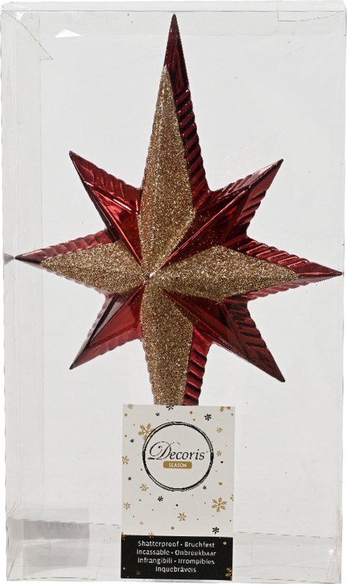 Decoris Kerstboom piek - ster vorm - donkerrood - kunststof - 25,5 cm ...
