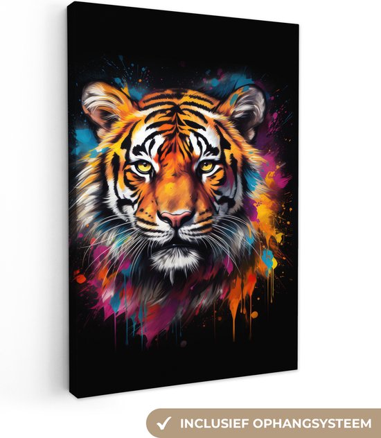 Canvas Schilderij Tijger - Graffiti - Dieren - Zwart - 80x120 cm - Wanddecoratie | bol