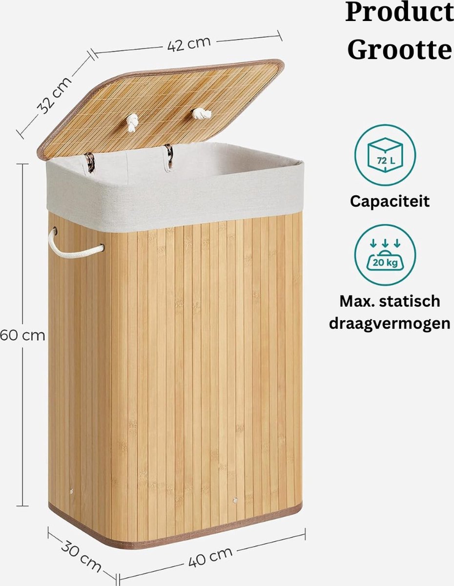 Bamboe Wasmand - opvouwbare wasbak met deksel en uitneembare katoenen ...