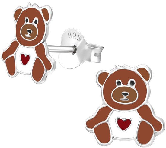 Joy|S - Zilveren beer oorbellen - 8 mm - beer met een rood hartje ...