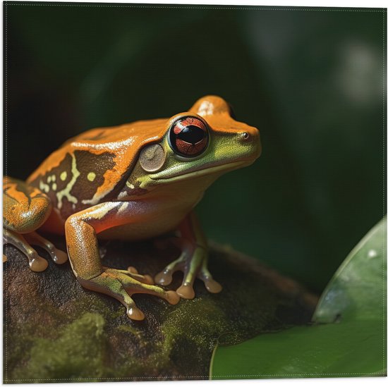Vlag - Groen oranje kikker zit op begroeide steen met blad - 50x50 cm ...