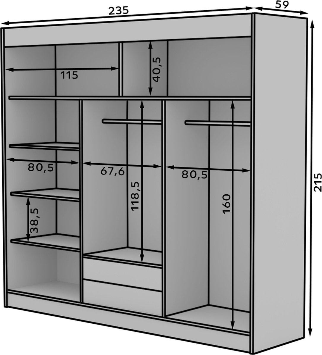 Grote Kledingkast - Erwin - 3 schuifdeuren - Kledingkast met spiegel ...