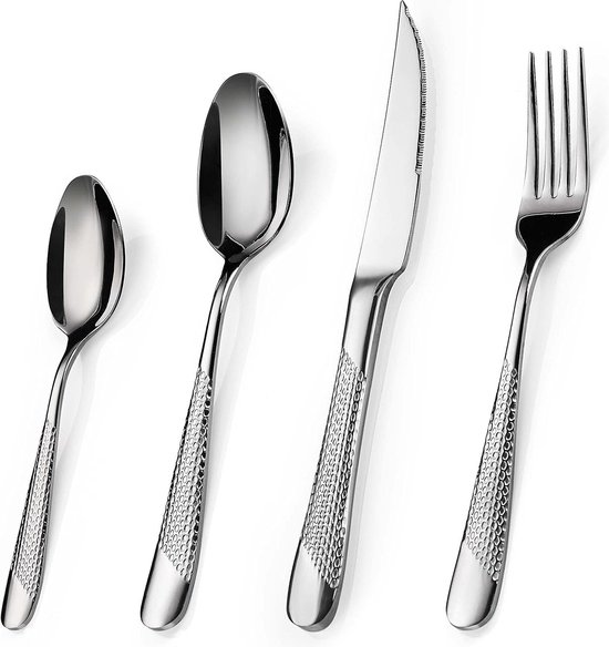 Bestekset voor 4 personen, 16-delige rood-witte bestekset, gehamerd ...