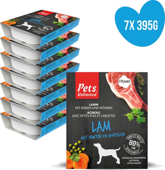 Pets Unlimited - Honden Natvoer - Lam - Gestoomde Maaltijd - 7 bakjes x 395g | bol