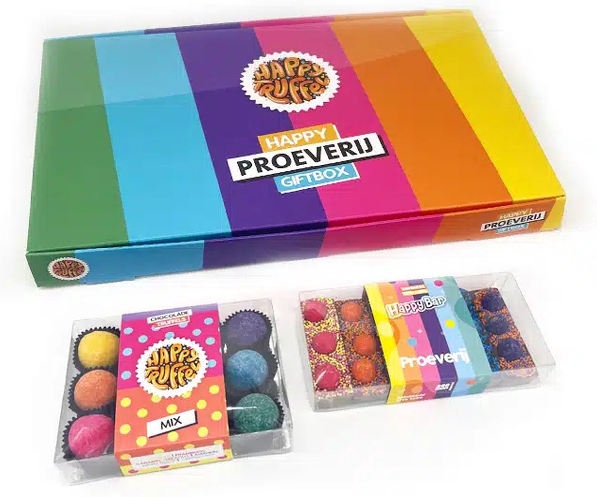 Chocolade giftbox – Happy Proeverij – Chocoladetruffel / Chocoladereep ...