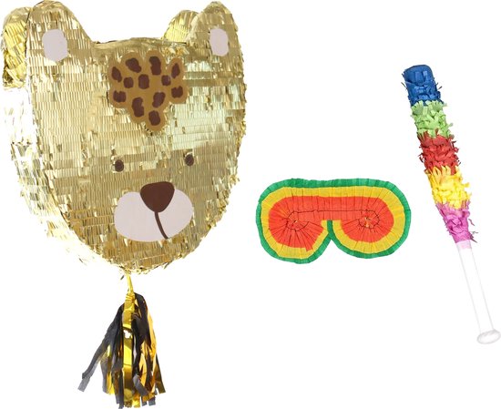 Verjaardag Pinata luipaard - goud - 48 x 40 cm - set met stok en masker ...