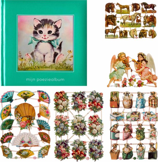 Poëziealbum - 16x16 - Groen - Poes met blauwe strik - met 5 vellen ...