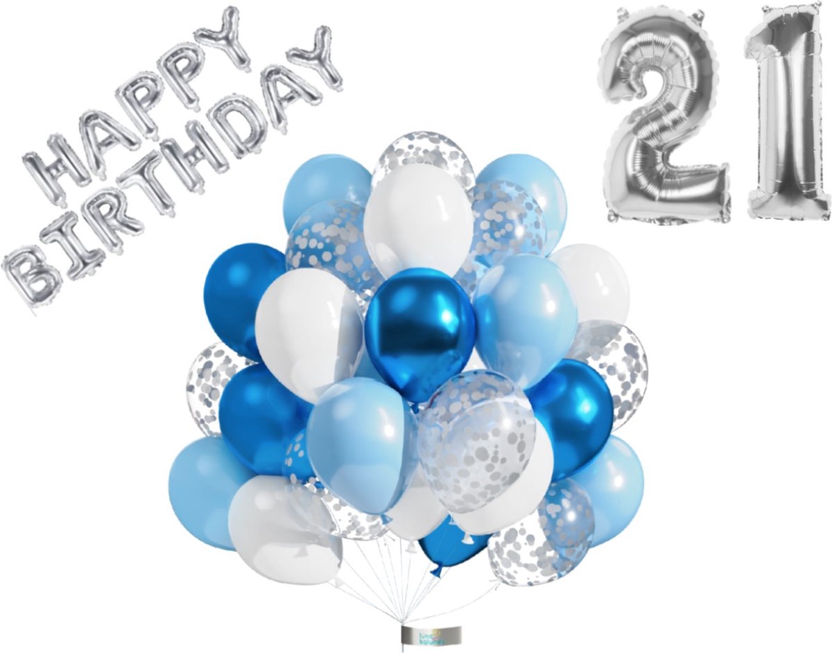 Luna Balunas 21 Jaar Ballonnen Set Zilver Blauw Helium - Verjaardag 12 ...