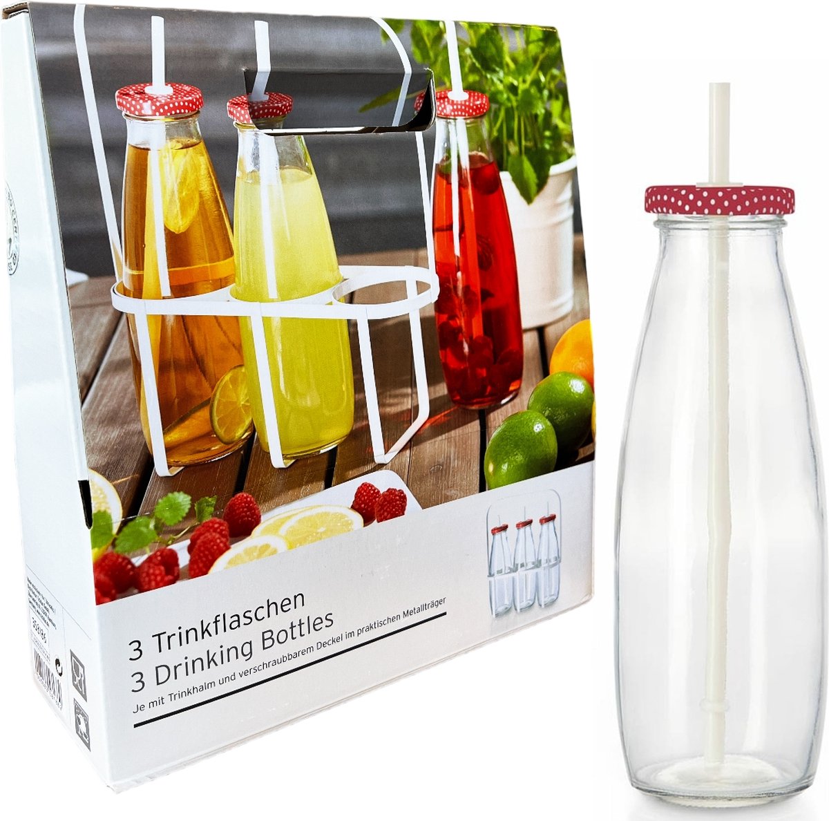 3 drinkflessen met rietje in een wit metalen flessenrek | bol