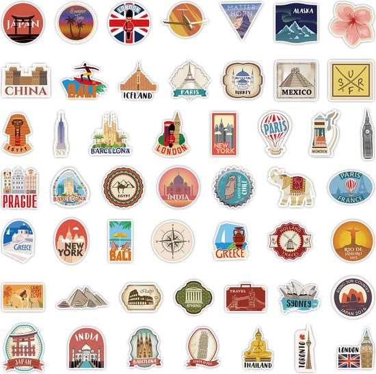 Koffer Stickers met Landen, Steden en Landmarks - 100 Travel stickers ...
