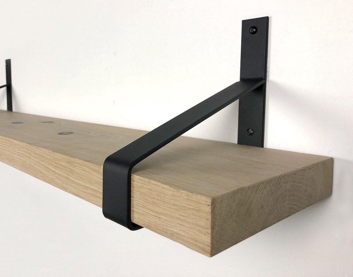 Eiken wandplank 120 x 30 cm inclusief zwarte plankdragers - Wandplank ...