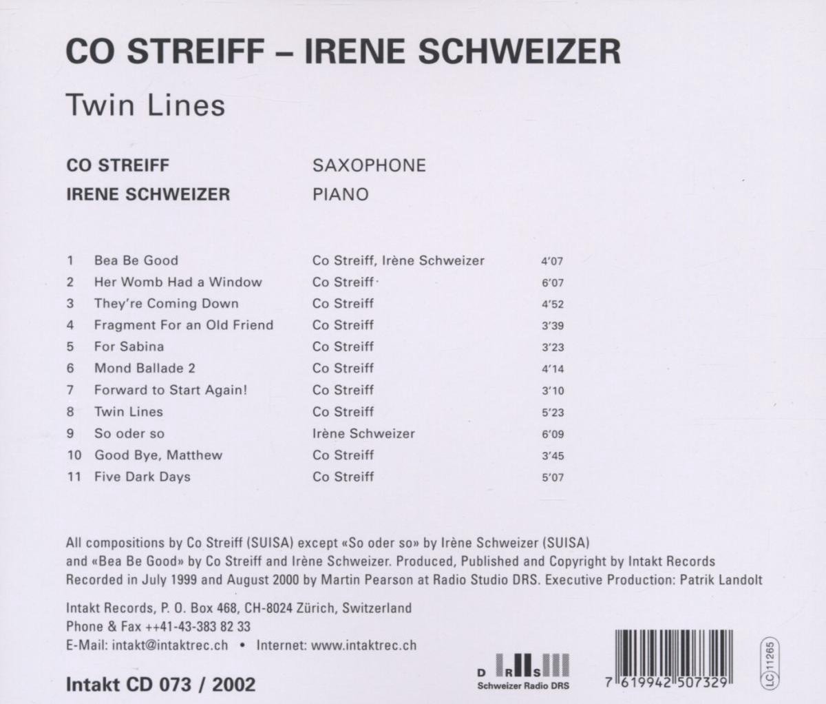 Co Streiff & Irene Schweizer - Twin Lines (CD), Irene Schweizer ...