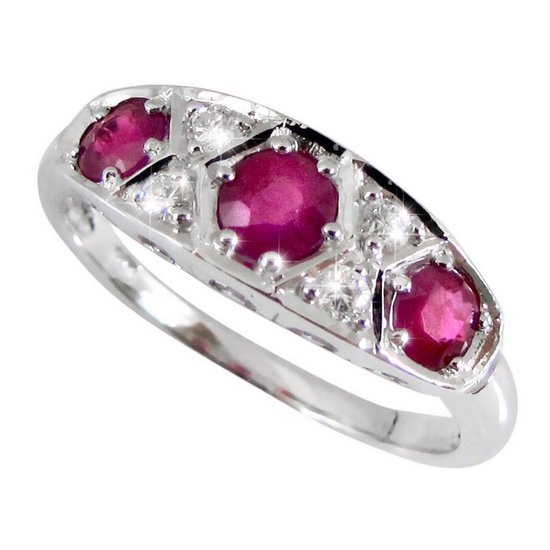 CBJewels - 14 Karaat Witgouden Ring - met Drie Robijnen en Vier ...