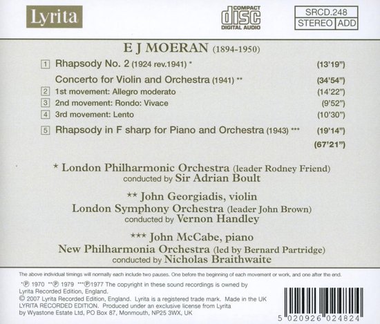 Moeran: Violin Cto, Rhapsody For Pi, Handley | CD (album) | Muziek ...