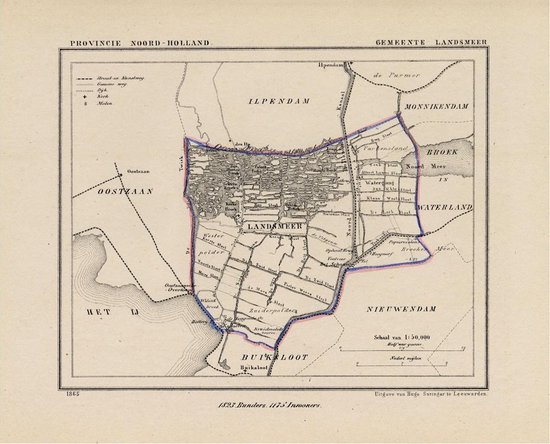 Historische kaart, plattegrond van gemeente Landsmeer in Noord Holland ...