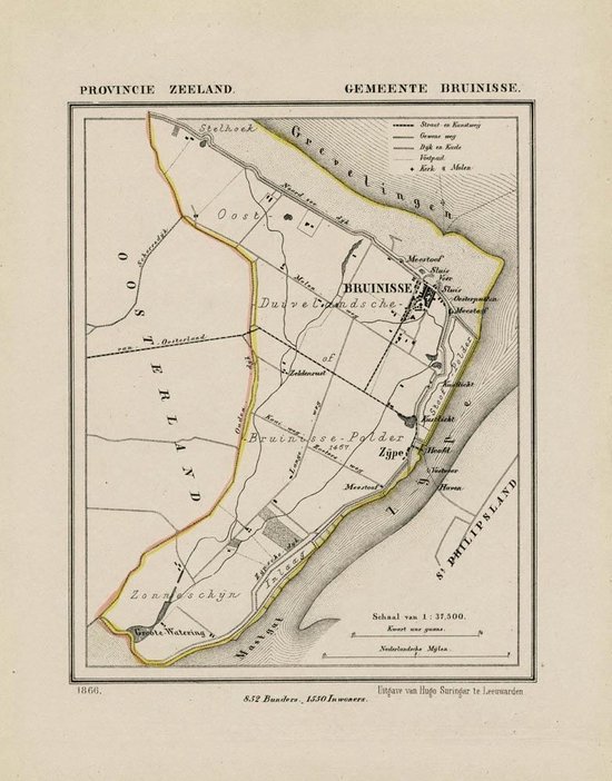 Historische kaart, plattegrond van gemeente Bruinisse in Zeeland uit ...