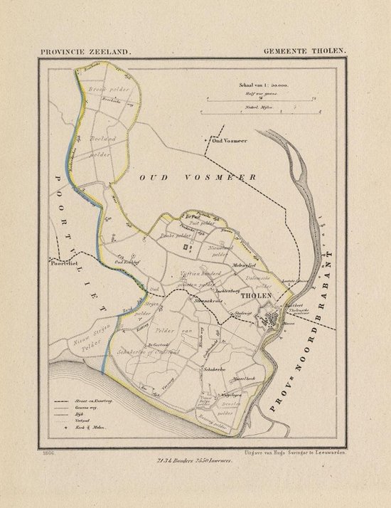 Historische kaart, plattegrond van gemeente Tholen in Zeeland uit 1867 ...