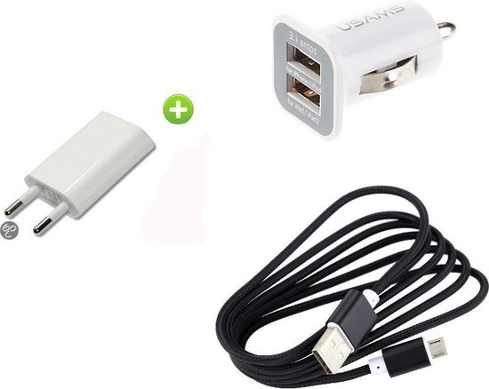USB stekker + Auto oplader + Micro USB kabel 1.5 Meter ZWART | bol