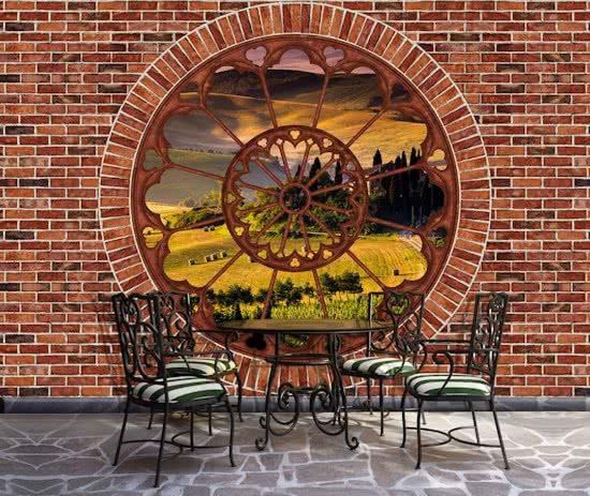 Fotobehang - Vlies Behang - 3D Uitzicht op Toscane door Rond Raam - 208 ...