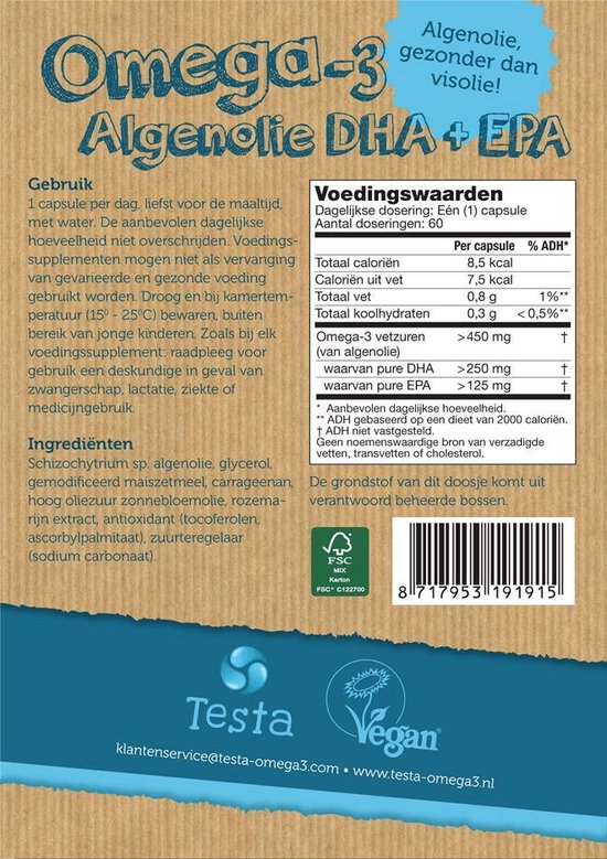 Testa Omega 3 Algenolie. Hoogste concentratie Vegan Omega-3 DHA + EPA ...