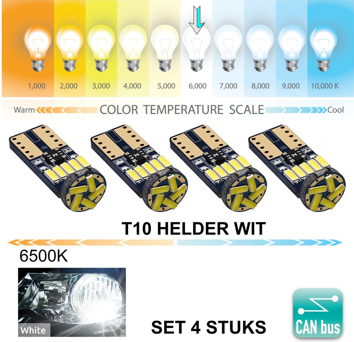 4x T10 Led Lamp Helder Wit (Set 4 stuks) 6000K Canbus 5W5 | W5W | Led Signal Light |... | bol.com