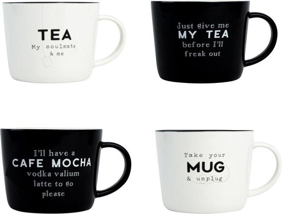 Dutch Rose Loft Zwart-Wit Set 4 Koffiemokken Assorti 21 cl | bol