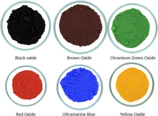 Sample of 6 oxides and ultramarine pigments - red, black, brown, yellow ...