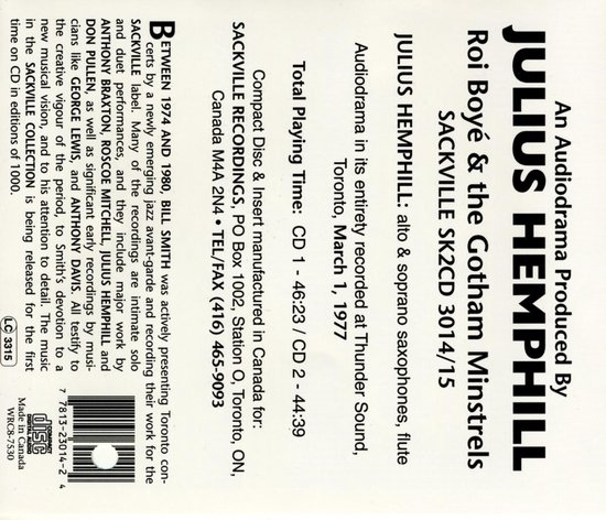 Julius Hemphill - Roi Boyé & The Gotham Minstrels (2 CD) (Limited ...