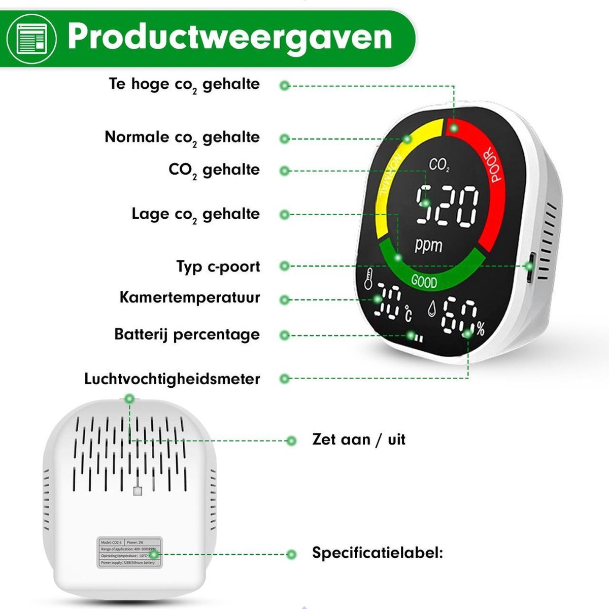 CO2 Meter Binnen - Hygrometer - Luchtkwaliteitsmeter - Luchtvochtigheid - CO2 melder &... | bol.com