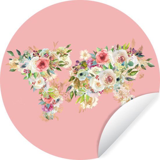 WallCircle - Muurstickers - Behangcirkel - Wereldkaart - Bloemen - Pastel - ⌀ 120 cm -... | bol