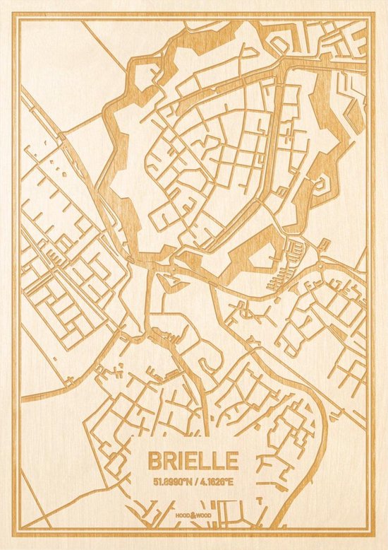 Kaart Brielle - Gegraveerde stadskaart Hood&Wood - Hout, A4 | bol.com