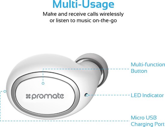 Promate Halo-2 Bluetooth Mono Earbud met Multi-pairing (Wit) | bol