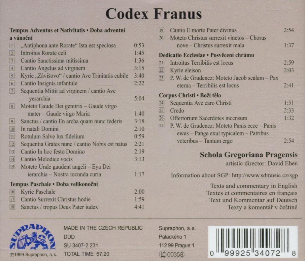 Schola Gregoriana Pragensis, David Eben - Codex Franus (CD), Schola ...
