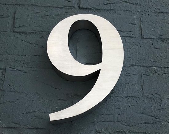 Huisnummer 9 RVS 3D Groot - Hoogte 20 cm - Dikte 3 cm - Promessa-Design ...