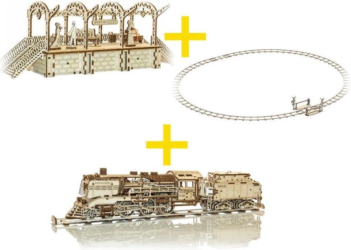 Wooden.City modelbouw hout Voordeelpakket Houten stad; station, overweg ...