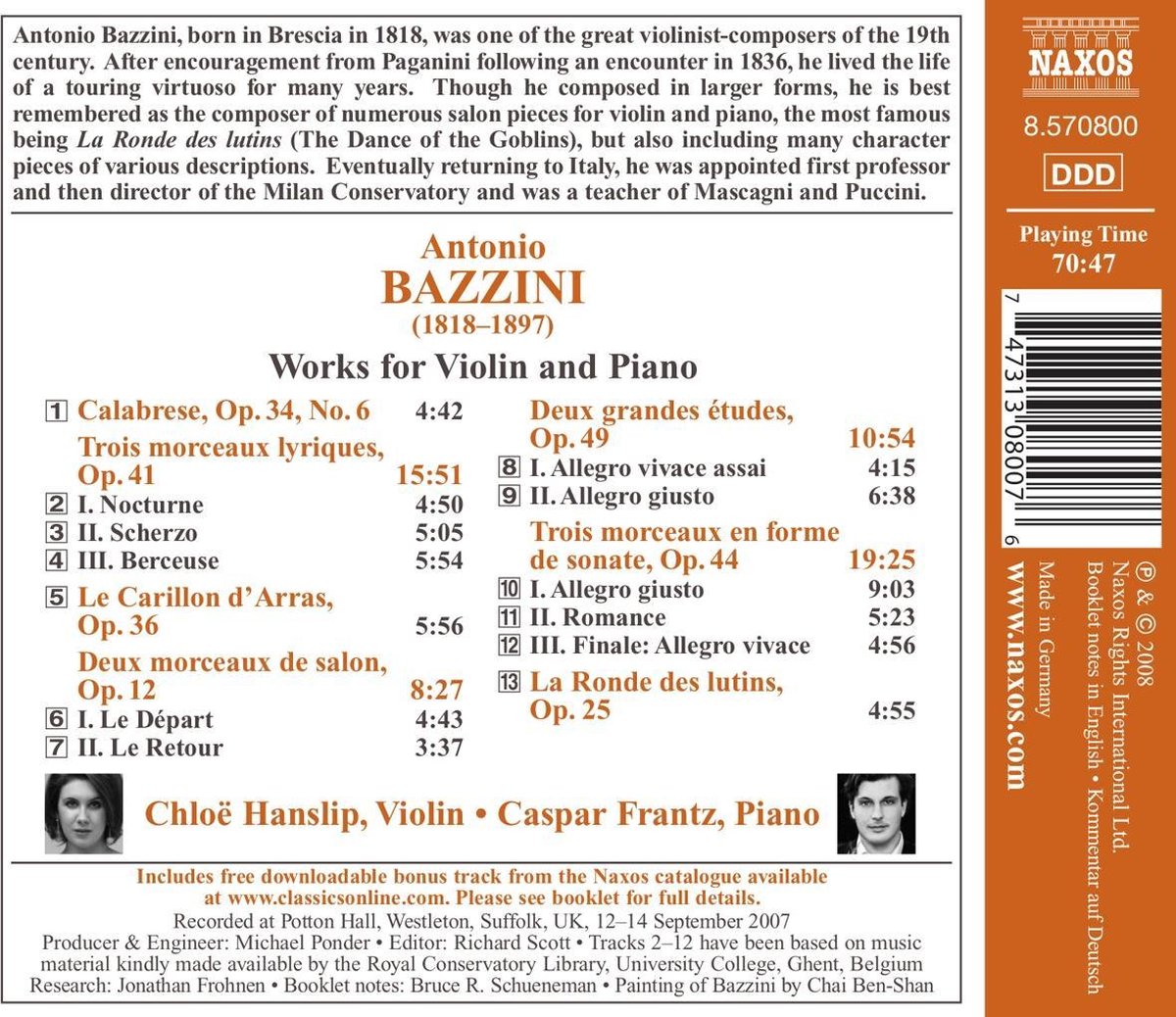Chloë Hanslip & Caspar Frantz - Bazzini: Virtuosi Works For Violin ...