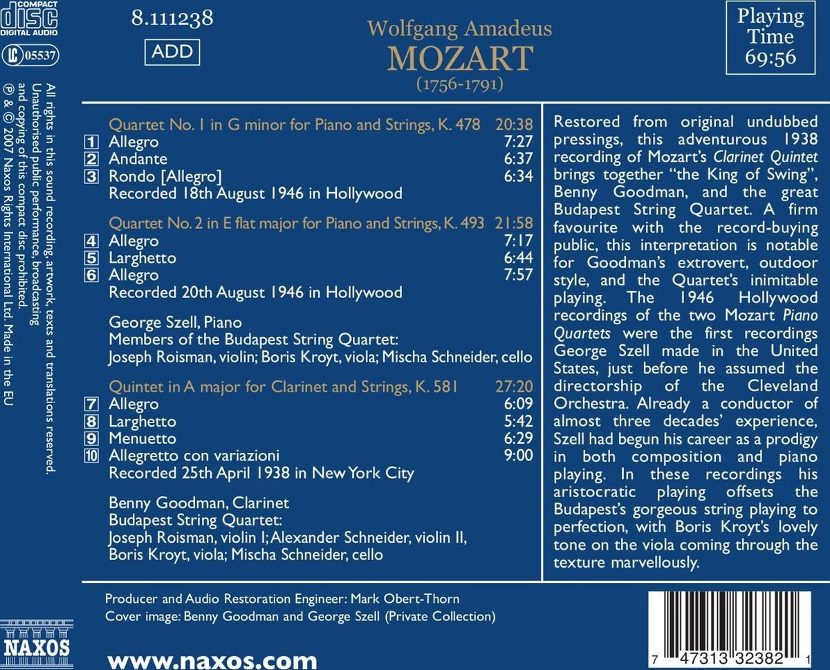 Mozart: Piano Quartets No.1&2, George Szell | CD (album) | Muziek | bol.com