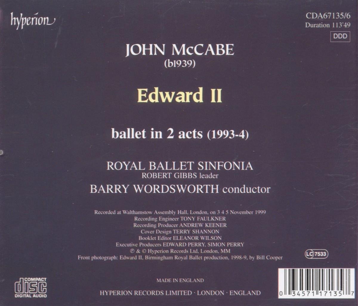 McCabe: Edward II / Barry Wordsworth, Royal Ballet Sinfonia, Barry ...
