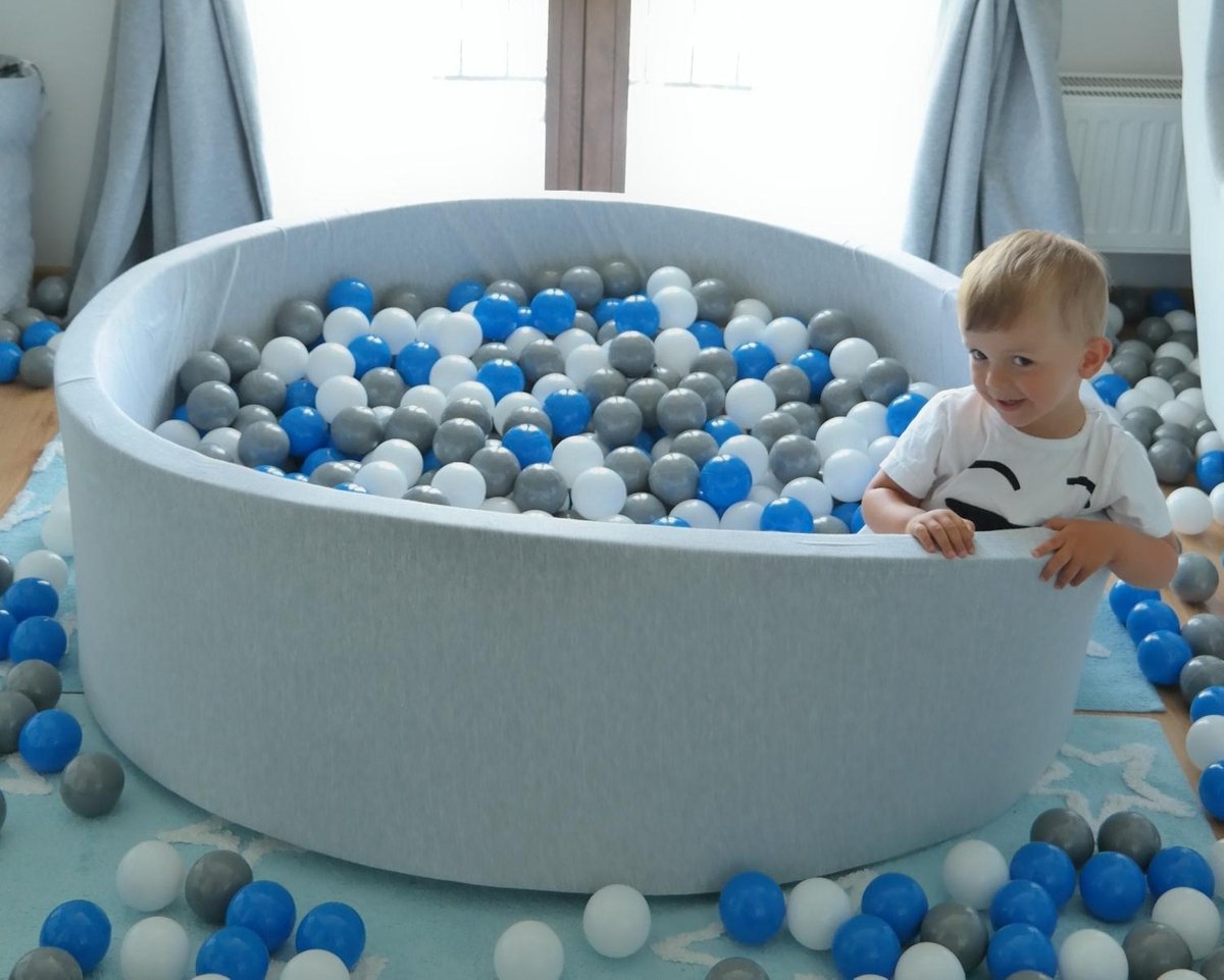 Ballenbad rond - grijs - 125x40 cm - met 1200 grijs, wit en blauwe ...