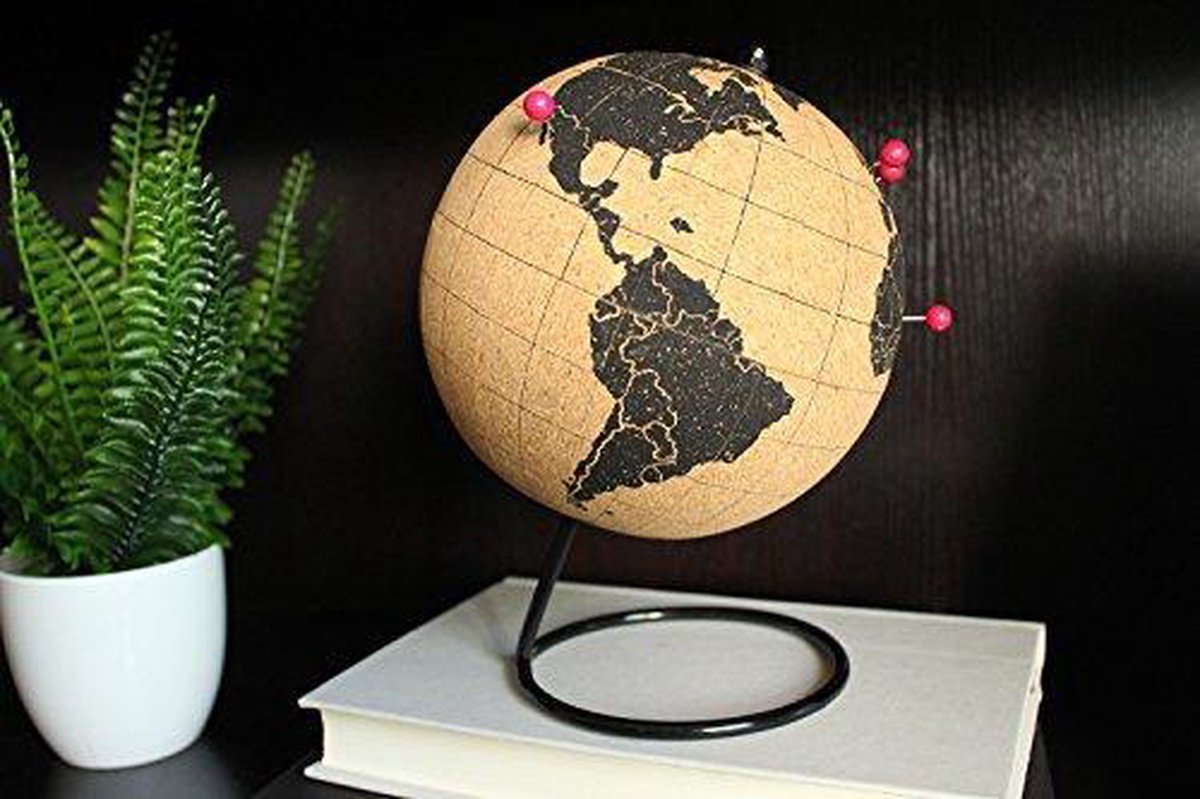 Wereldbol Van Kurk - Zwart Ø 15cm - Op Standaard - Inclusief 6 Pinnen ...