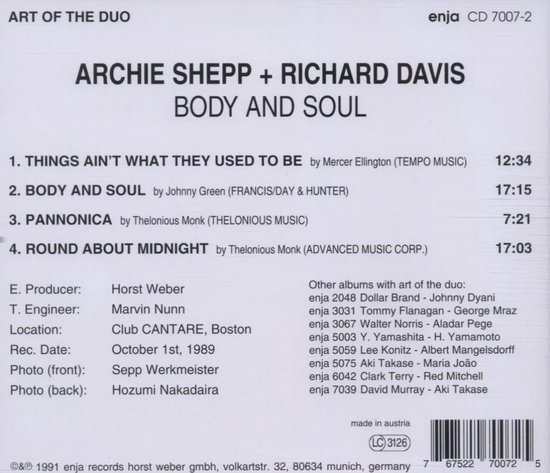 Body & Soul, Archie Shepp & Richard Davis | CD (album) | Muziek | bol.com