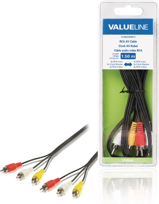 Composite Video Cable 3x RCA Male - 3x RCA Male 1.50 m Black | bol.com