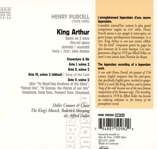 Purcell: King Arthur extraits / Deller, Deller Consort, Alfred Deller ...