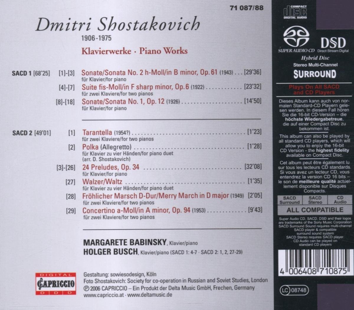 Margarette Babinsky & Holger Busch - Shostakovitch: Piano Works (2 CD ...