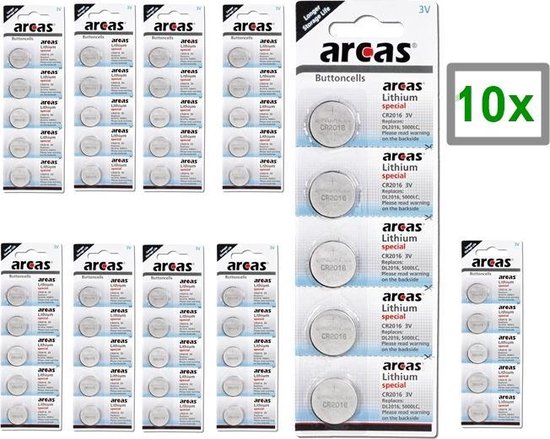 5-Pack Arcas CR2016 3v lithium knoopcelbatterij - 50 Stuks (10 Blisters a 5St) | bol
