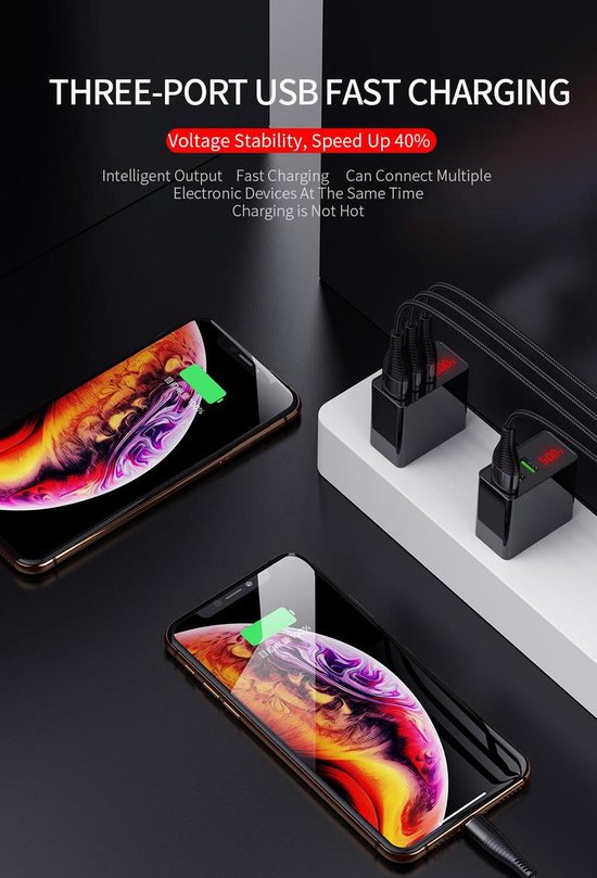 USB oplader - 3 poorten - 2.0 Smart Lader met LED-display - status van ...