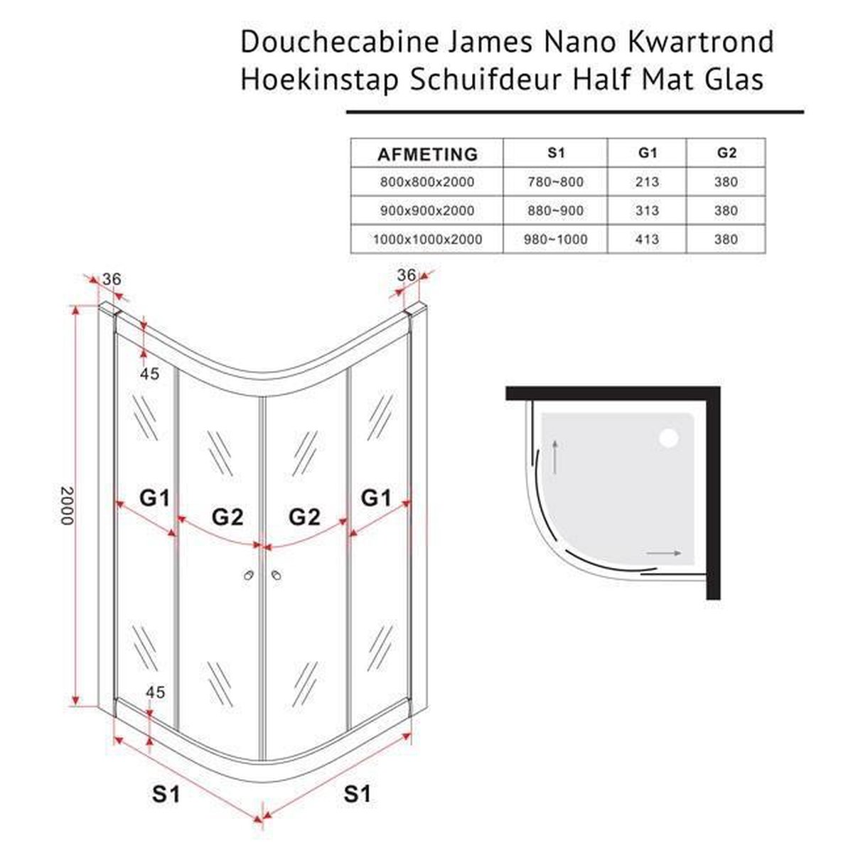 Cabine de douche James Nano quart de rond porte coulissante d'entrée d ...