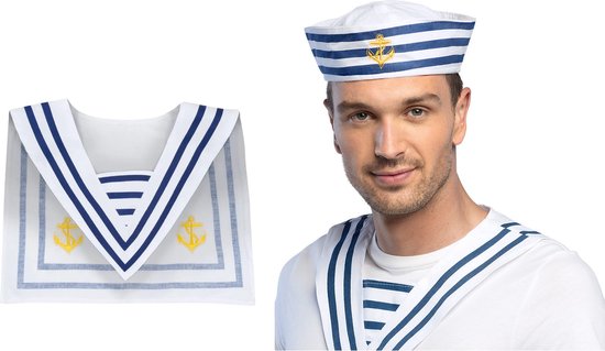 Carnaval verkleed Matrozen hoedje - wit/blauw - met matrozen kraag ...
