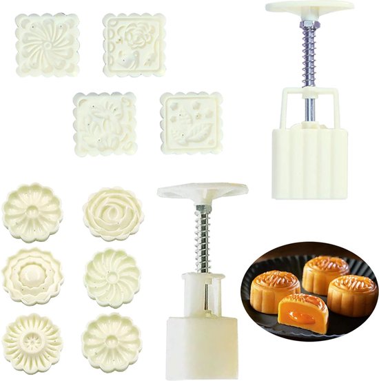 2 Sets Mooncake Mould Press with 10 Stamps, Cookie Cutters, Hand Press ...